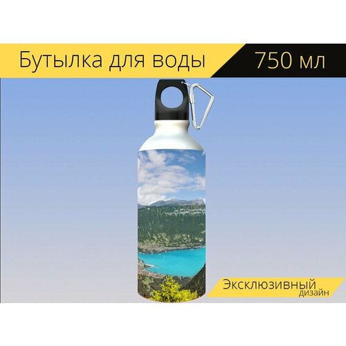 Бутылка фляга для воды "Пейзаж, озеро, горы" 750 мл. с карабином и принтом