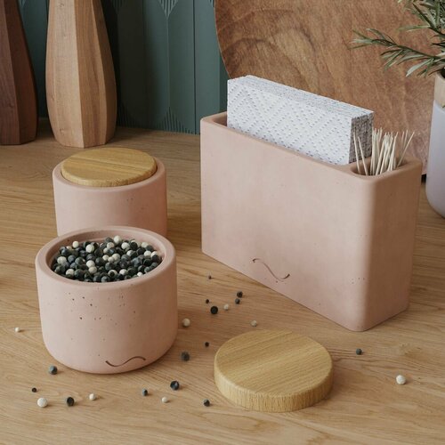 Набор для кухни Musko 24 (салфетница Lina, 2 емкости для сыпучих продуктов Astrid XS с деревянной крышкой), бетон, розовый матовый