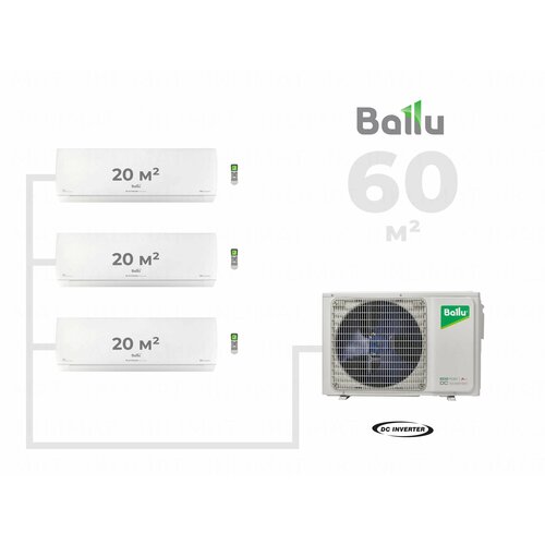 Инверторная мульти сплит-система Ballu на 3 комнаты (20 м2 + 20 м2 + 20 м2) BA3OI-FM/out-21HN8/EU + 3*BSUI-FM/in-07HN8/EU, комплект, белый
