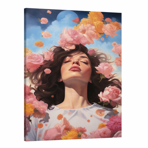 Интерьерная картина 50х70 "Девушка, окруженная цветочным облаком"
