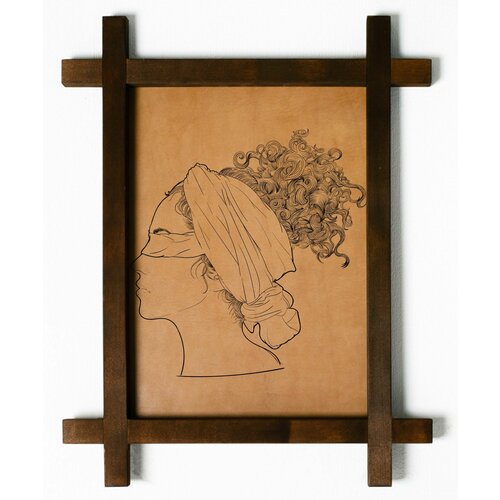 Картина Девушка с повязкой на глазах, гравировка на натуральной коже, интерьерная для украшения и декора на стену в деревянной раме, подарок, BoomGift