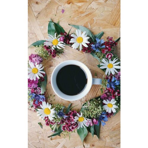 Картина на холсте 60x110 LinxOne "Кофе, чашка, цветы, венок" интерьерная для дома / на стену / на кухню / с подрамником