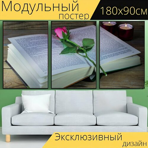Модульный постер "Объем памяти, книга, роза" 180 x 90 см. для интерьера
