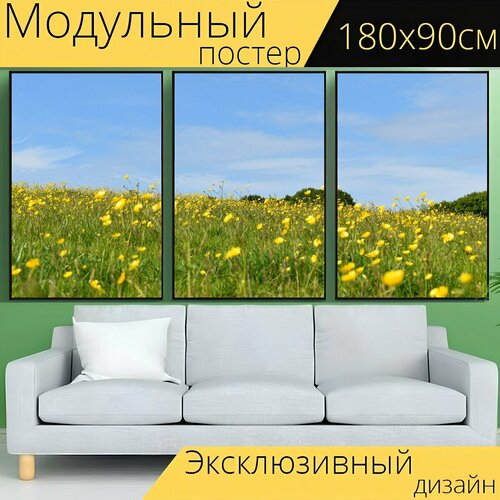 Модульный постер "Цветы, луг, пейзаж" 180 x 90 см. для интерьера