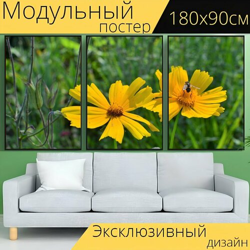 Модульный постер "Маргаритки, полевые цветы, пчелы" 180 x 90 см. для интерьера