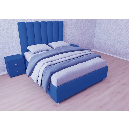 Двуспальная кровать Женева Нью 200x200 основание металлическое с ламелями велюр синий ножки 5 см