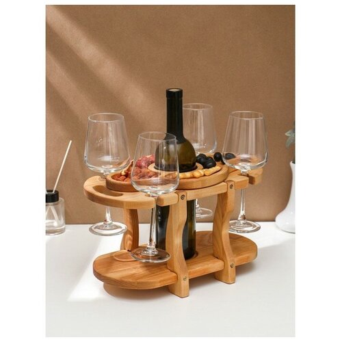 Столик-поднос для вина со сьемной менажницей на 4 персоны Adelica, 35×19×1,8 см, высота 21 см, берёза