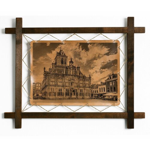 Картина Делфтская ратуша, гравировка на натуральной коже, интерьерная для украшения и декора на стену в деревянной раме, подарок, BoomGift