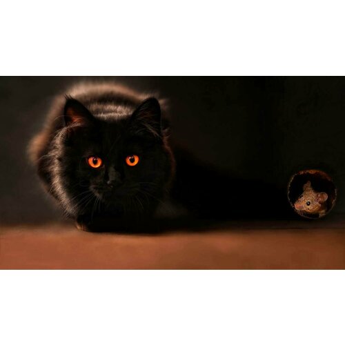 Картина на холсте 60x110 LinxOne "Кошка противостояние мышка" интерьерная для дома / на стену / на кухню / с подрамником