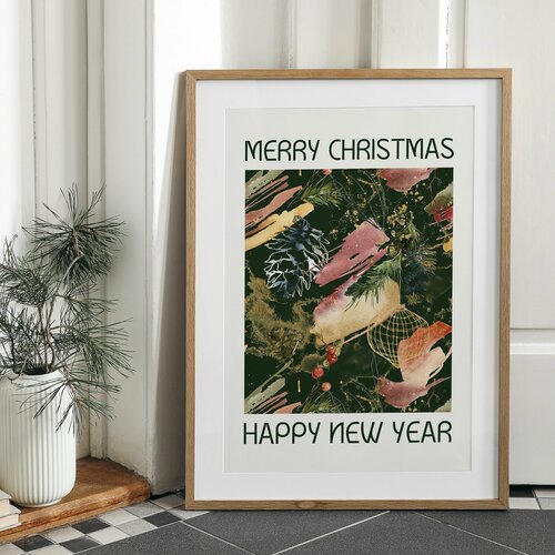Постер интерьерный новогодний абстрактный, надпись Merry Christmas Happy New year, 40х60 см, без рамы