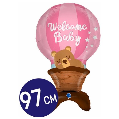 Воздушный шар фольгированный Grabo фигурный, Мишка на воздушном шаре, Welcome baby, 97 см