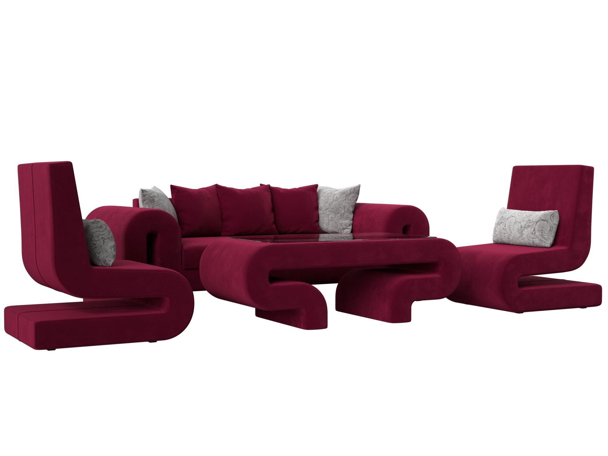 Набор Волна-2 (стол, диван, 2 кресла) микровельвет бордовый