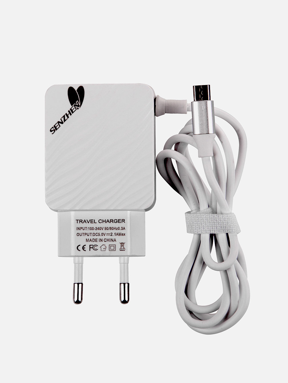 Сетевое зарядное устройство Senzhen TC30, 2 USB, со встроенным кабелем micro-USB, белый