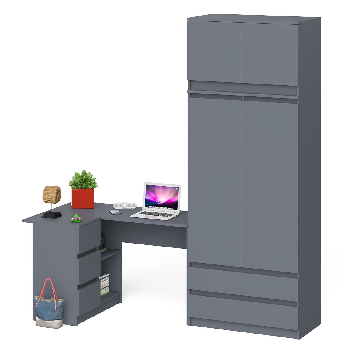 Угловой стол СВК Мори МС16 со шкафом-комодом и антресолью графит, 214,8х85х234,2 см