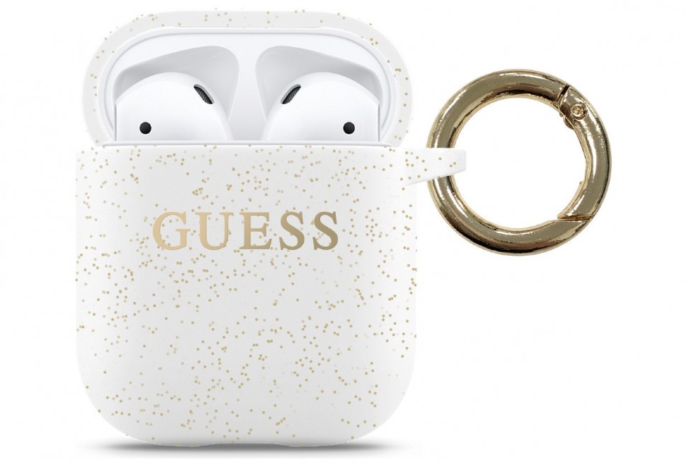 Чехол с карабином Guess Silicone case with ring AirPods 1&2 Белый (GUACCSILGLWH)