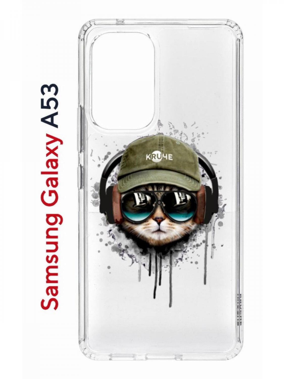 Чехол на Samsung A53 5G Kruche Print Кот в наушниках,противоударный бампер,защита камеры