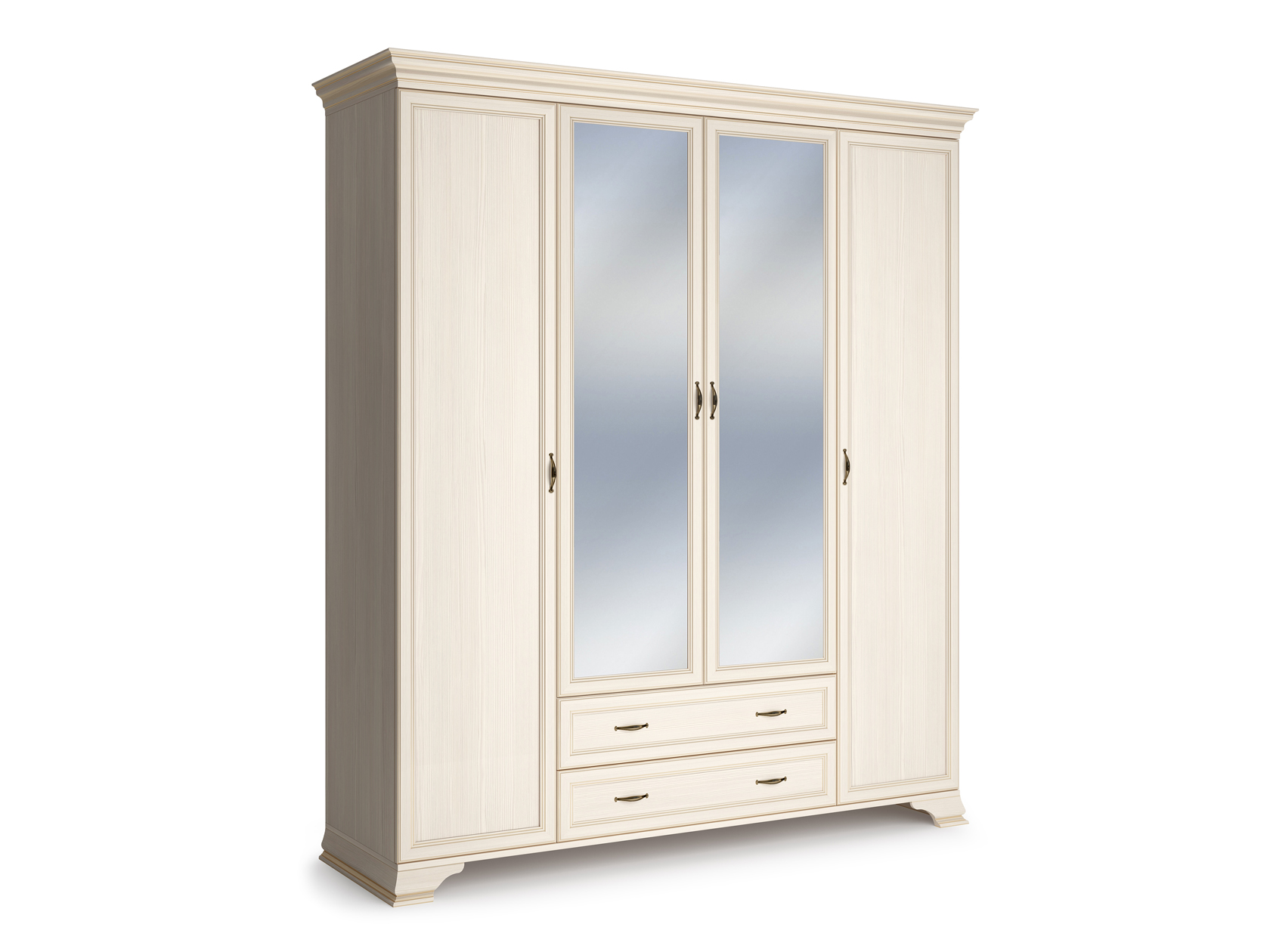 Распашной шкаф 4-х дверный Сиена Бодега белый, патина золото, С двумя зеркалами