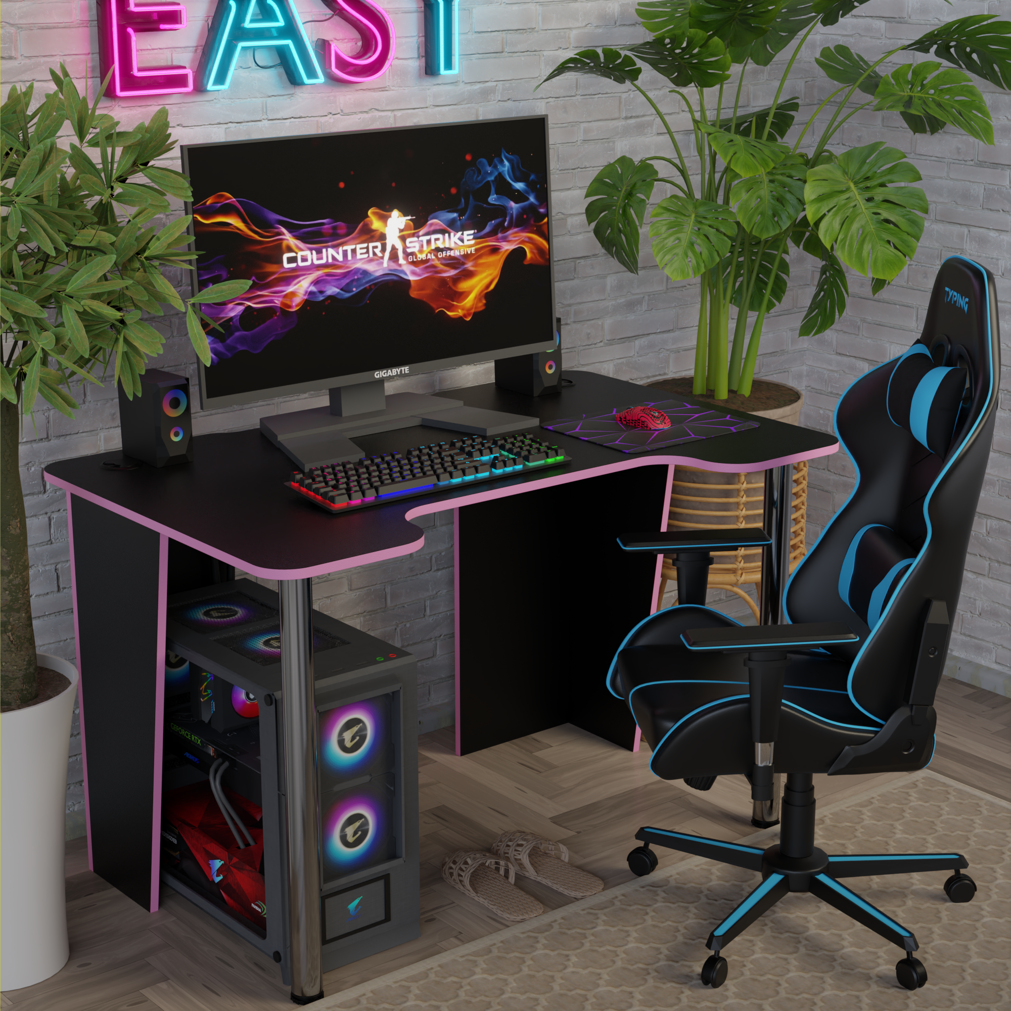 Стол компьютерный геймерский черный, с розовой кромкой