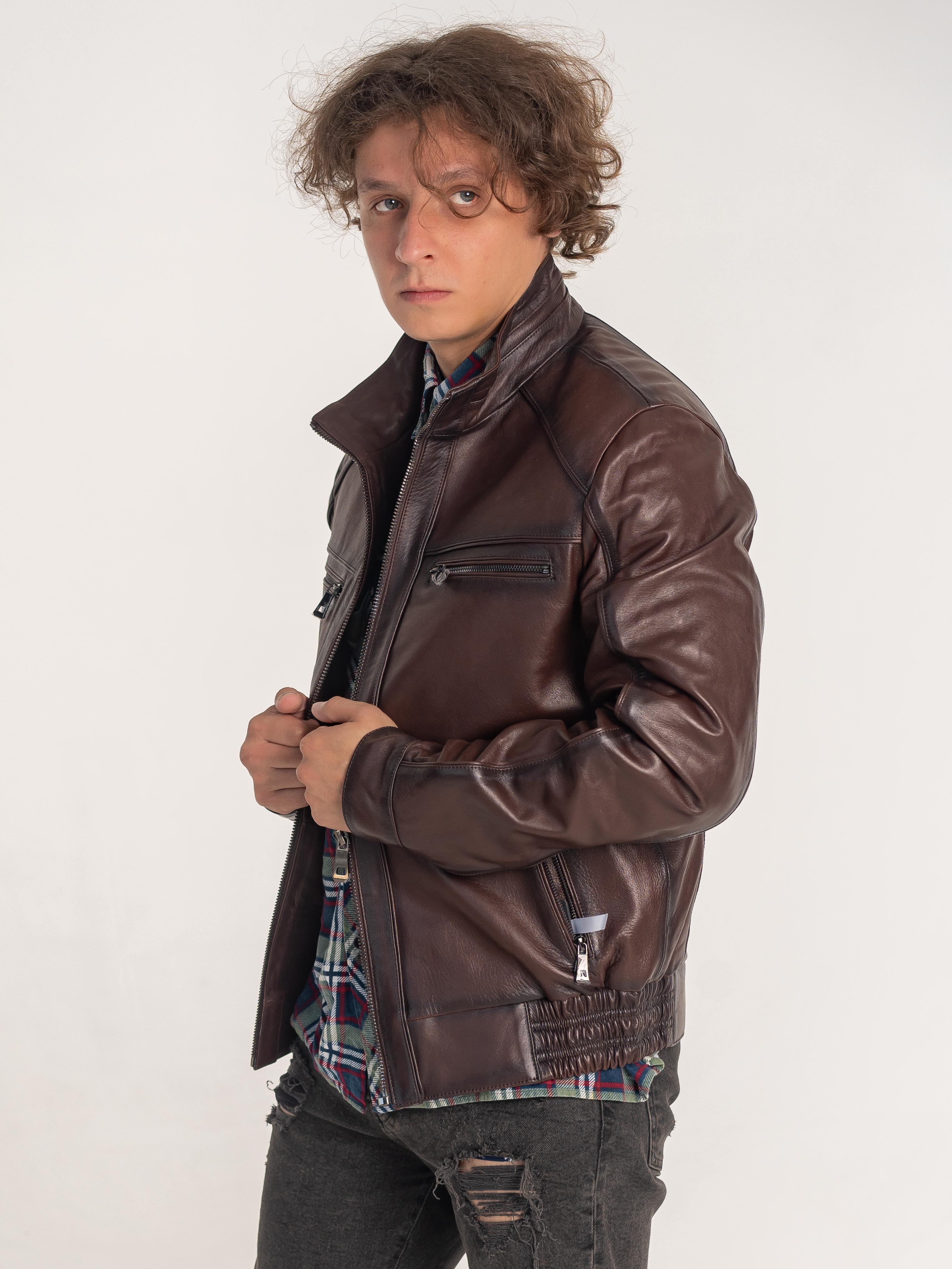 Кожаная куртка мужская NoBrand 83027_48 коричневая 48 RU