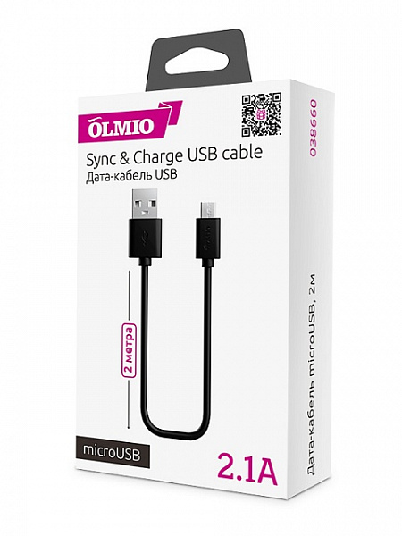 Кабель USB 2.0 - microUSB,  2м, 2.1A, черный, OLMIO,