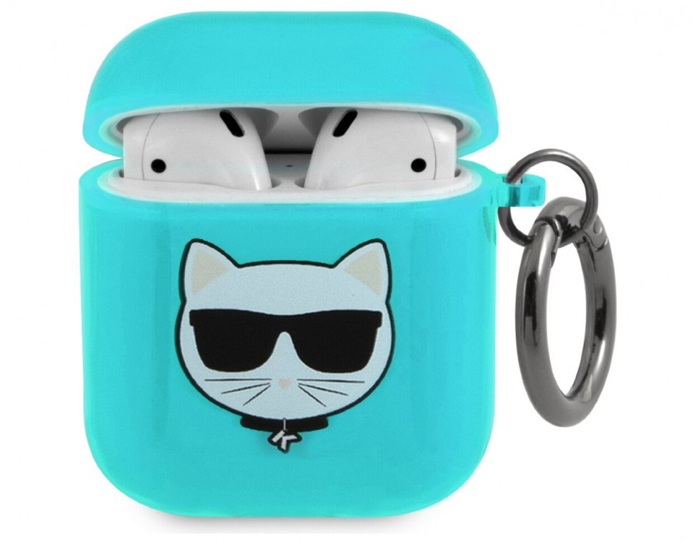 Чехол Karl Lagerfeld TPU FLUO with ring Choupette для AirPods 1/2, Голубой