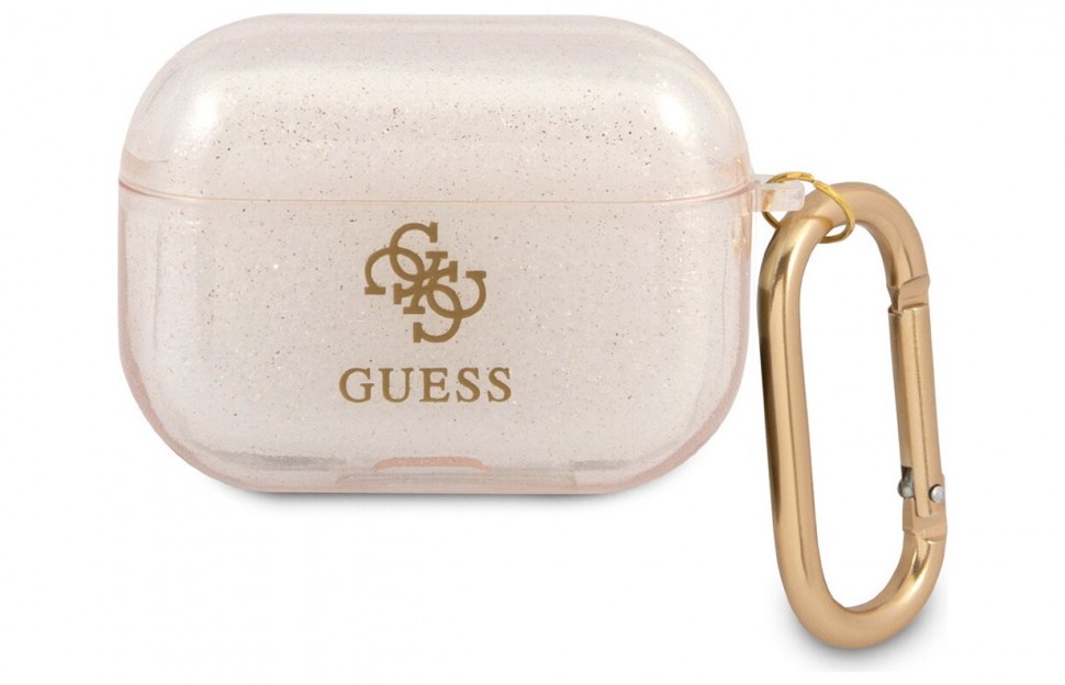 Чехол с карабином Guess TPU Transparent Glitter 4G для AirPods Pro, Золотой