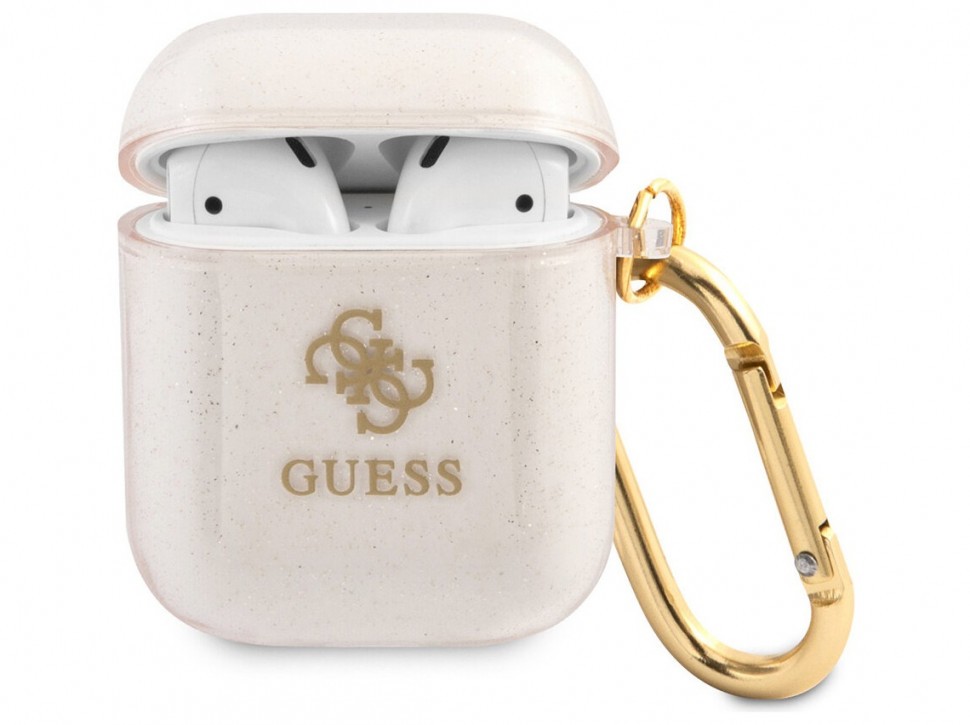 Чехол с карабином Guess TPU Transparent Glitter 4G для AirPods 1/2, Золотой