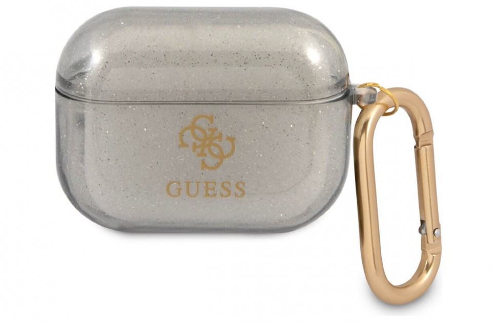 Чехол с карабином Guess TPU Transaprent Glitter 4G для AirPods Pro, Черный