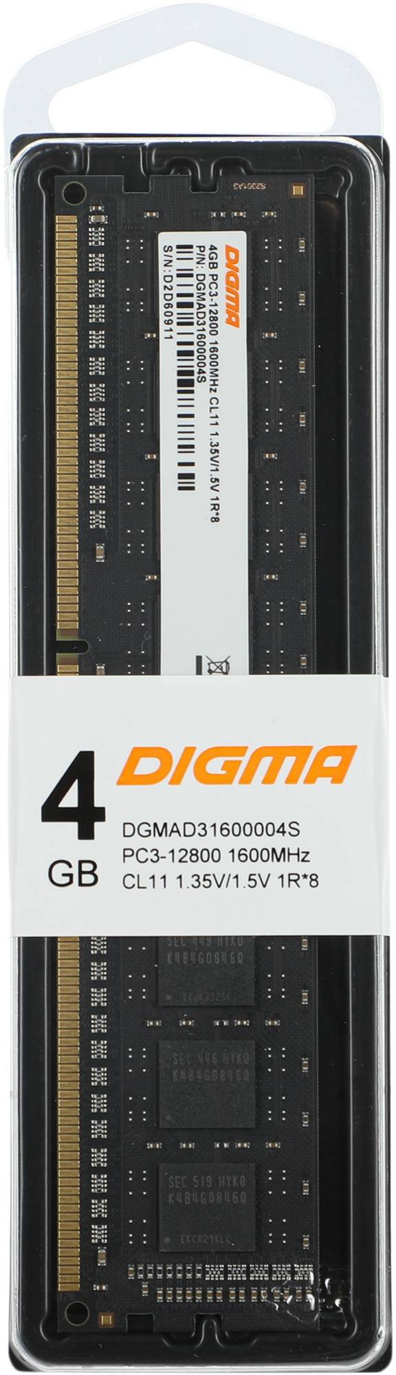 Оперативная память DIGMA 4Gb DDR3L DGMAD31600004S (DGMAD31600004S), DDR3L 1x4Gb, 1600MHz