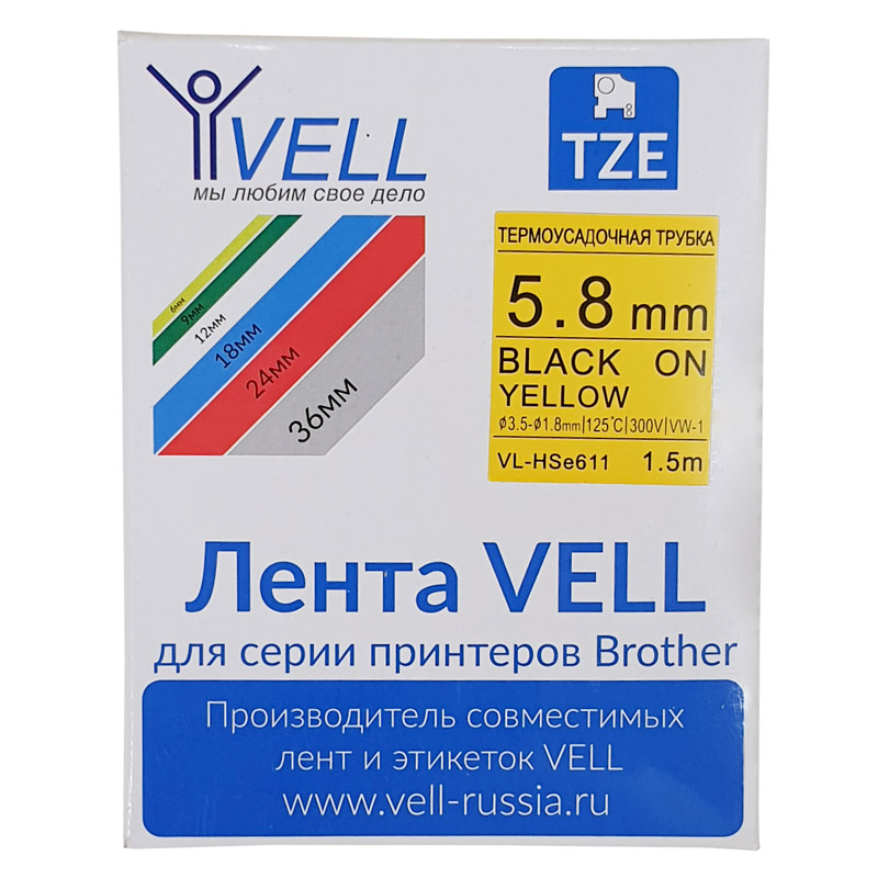 Термоусадочная трубка Vell HSE-611 (Brother HSE 611, 6 , черный на желтом)