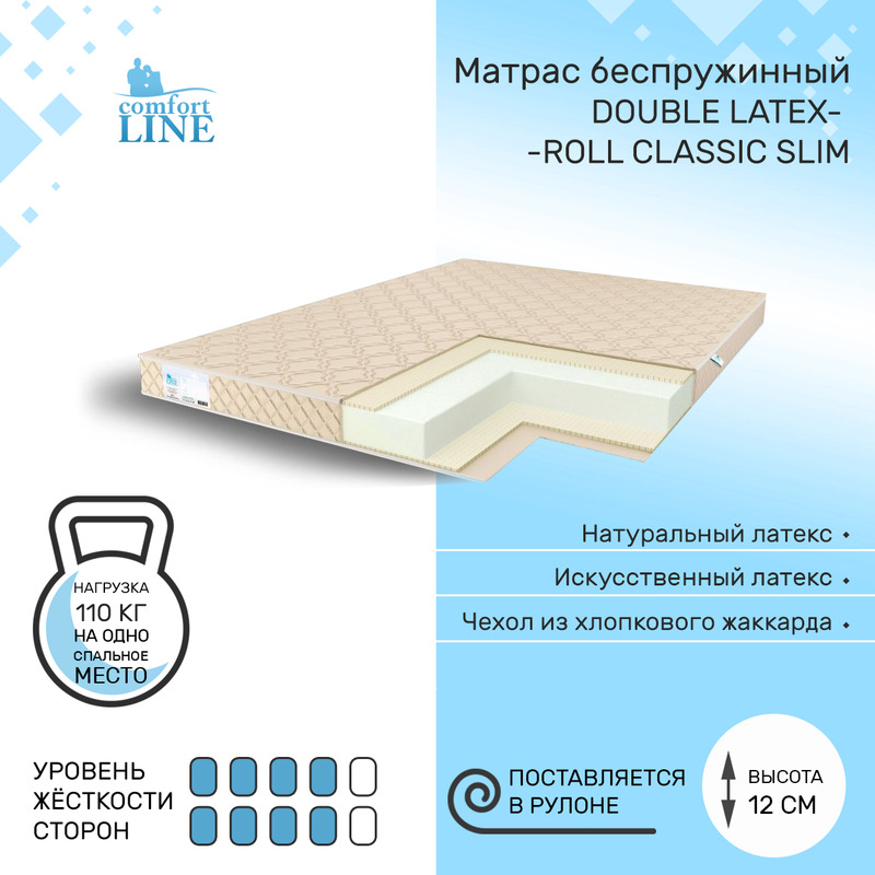 Матрас беспружинный Comfort Line Double Latex Roll Classic Slim 75х185, высота 12 см