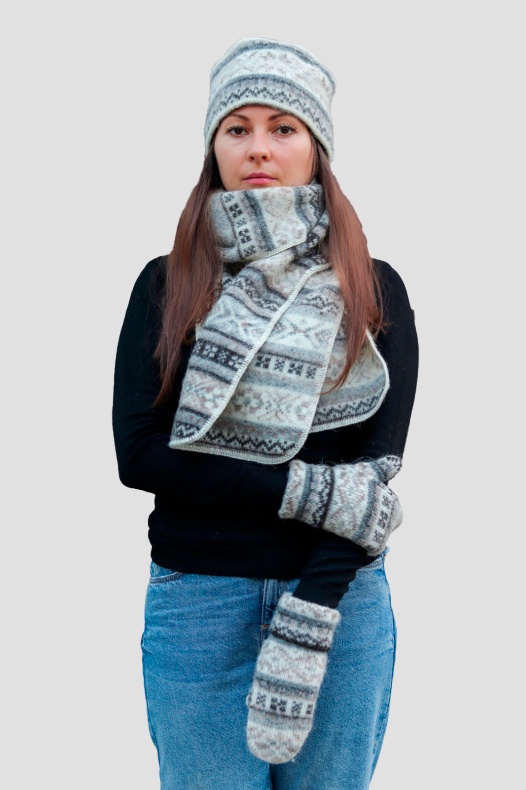 Комплект шапка, шарф и варежки женский Freyja 081 бежевый/голубой, 179х23 см