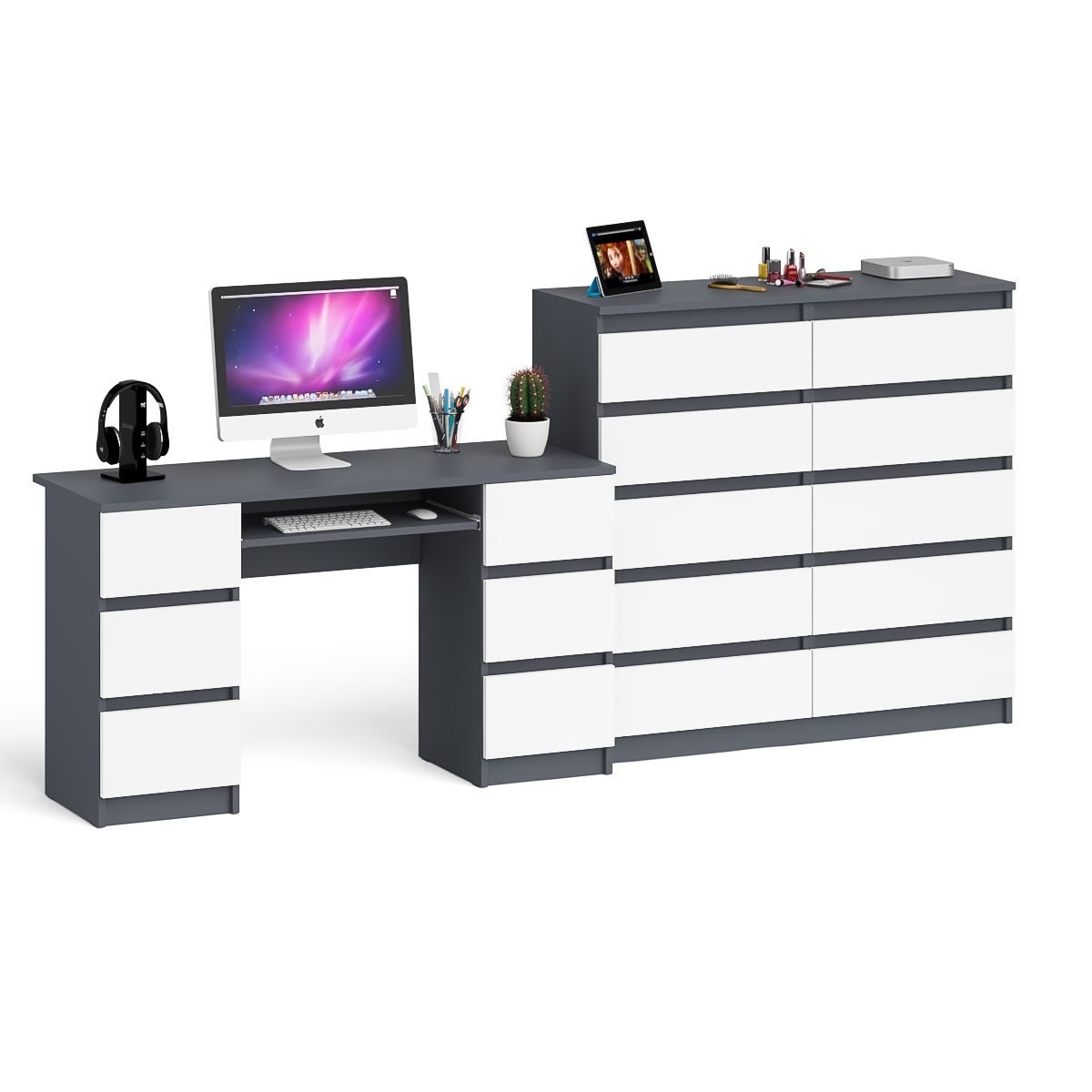 Компьютерный стол СВК Мори МС-2 с комодом графит/белый, 256х50х115 см