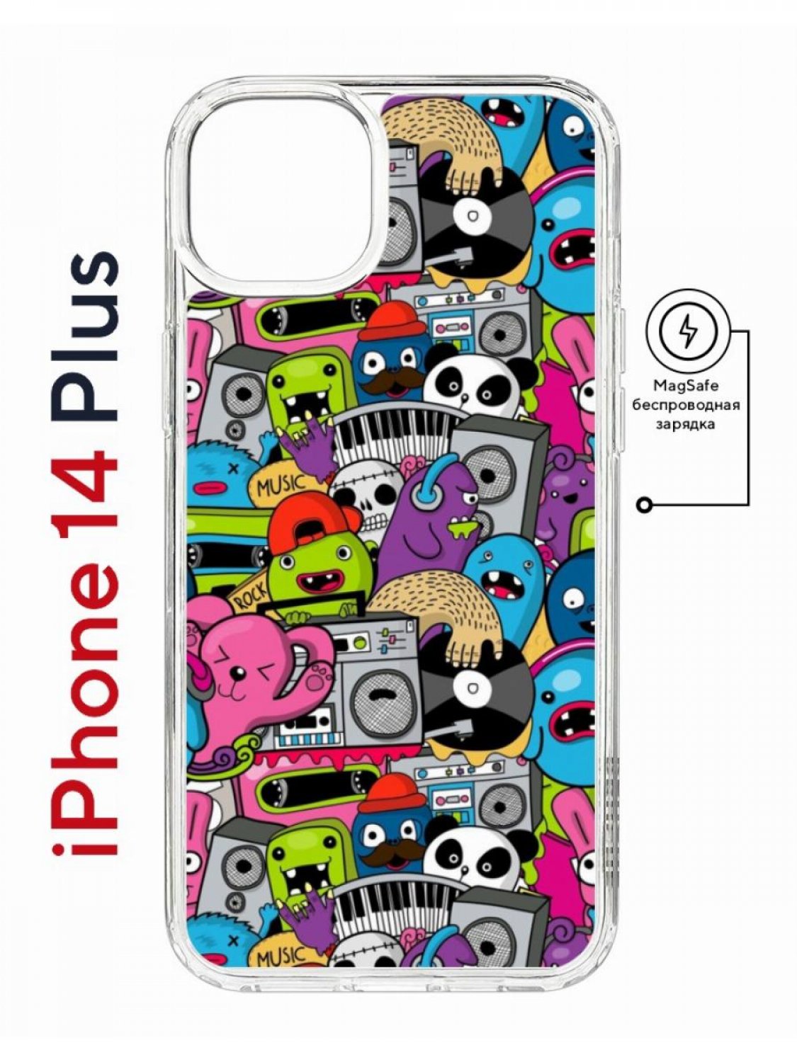 Чехол на iPhone 14 Plus MagSafe Kruche Print Monsters music противоударный с магнитом