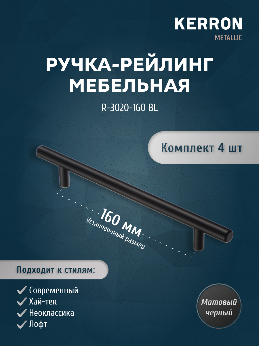 Комплект из 4 шт ручка-рейлинг KERRON 12 мм 160 мм матовый черный R-3020-160 BL