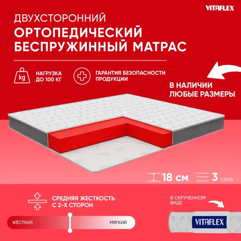 Беспружинный ортопедический матрас Vitaflex Anatomic Soft 17Sk 155x195 см