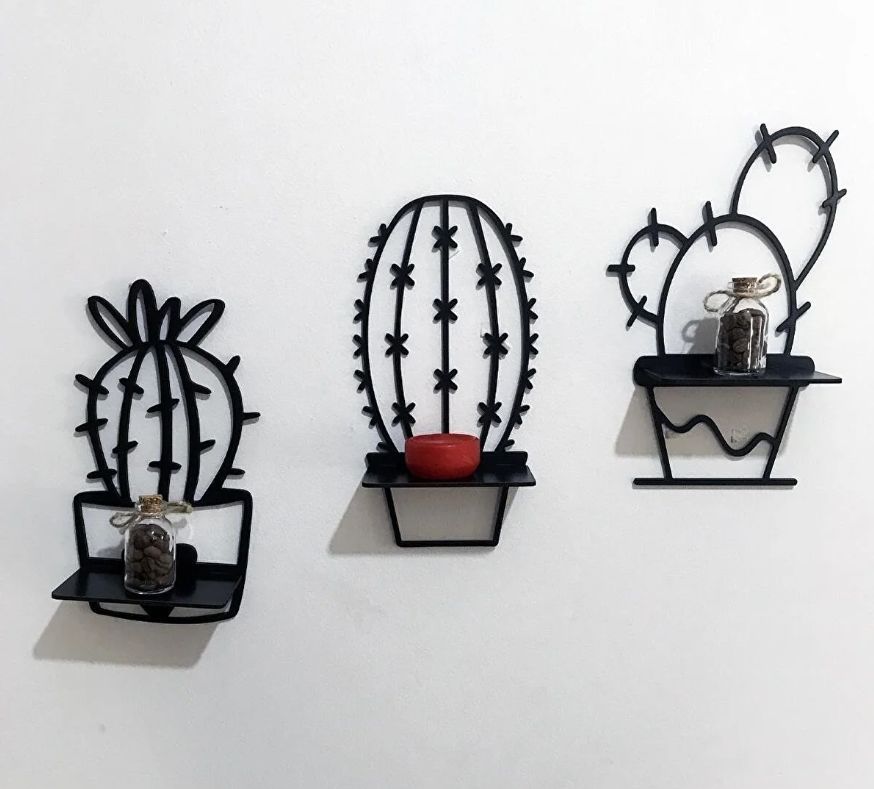 Маленькая декоративная настенная полочка для мелочей "Кактусы", набор 3 шт, панно, декор