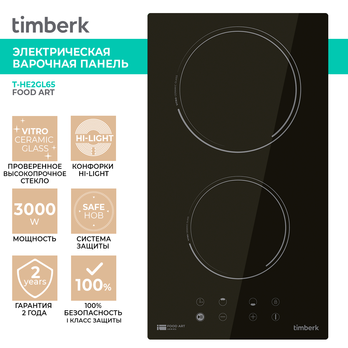 Встраиваемая варочная панель электрическая Timberk T-HE2GL65 черный