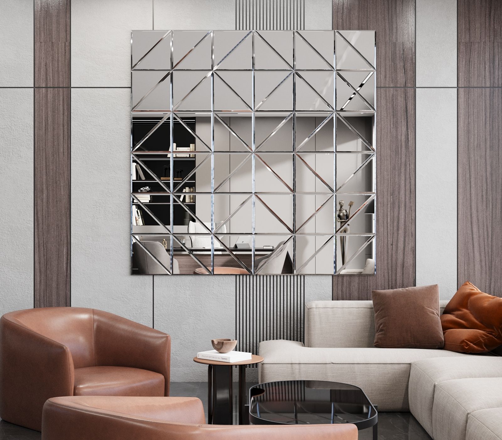 Зеркальная плитка ДСТ, панно на стену 120х120 см, графит, треугольник 20х20 см