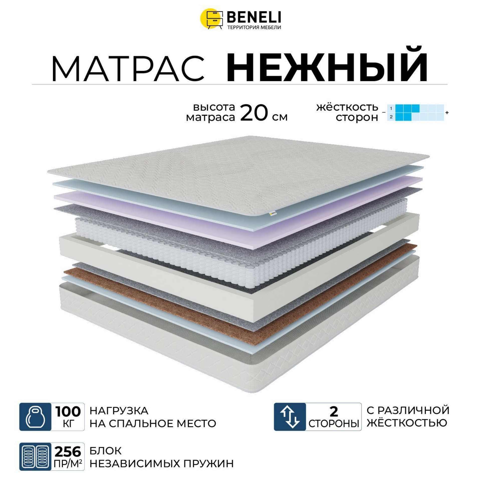 Ортопедический матрас Beneli Нежный, независимые пружины, двусторонний, 120х200