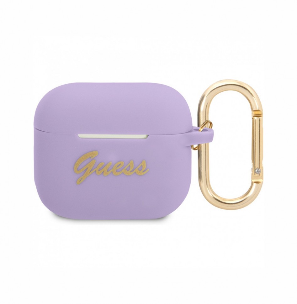 Чехол с карабином Guess Silicone with ring Script logo для AirPods 3, Фиолетовый