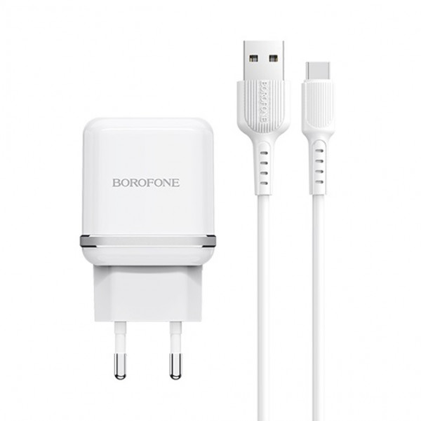 Сетевое зарядное устройство Borofone BA25A, 2xUSB, Type-C, 2,4 A, white