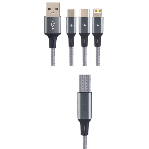 Кабель Perfeo USB2.0 A вилка - 3 в 1 ( Micro+Type C+8 PIN вилка ), серый 1,2 м. (U5001)