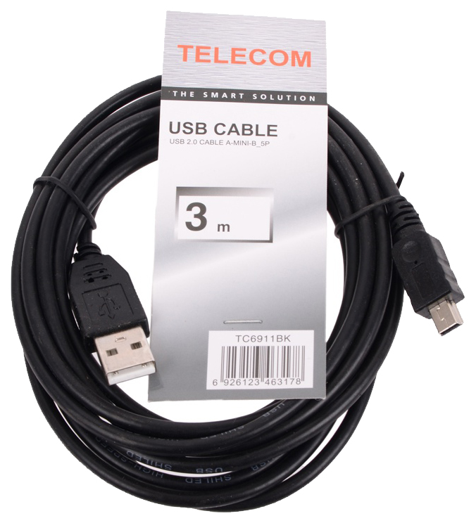 Кабель Telecom "TC6911BK" USB2,0 соединительный USB A-miniB (3,0м)