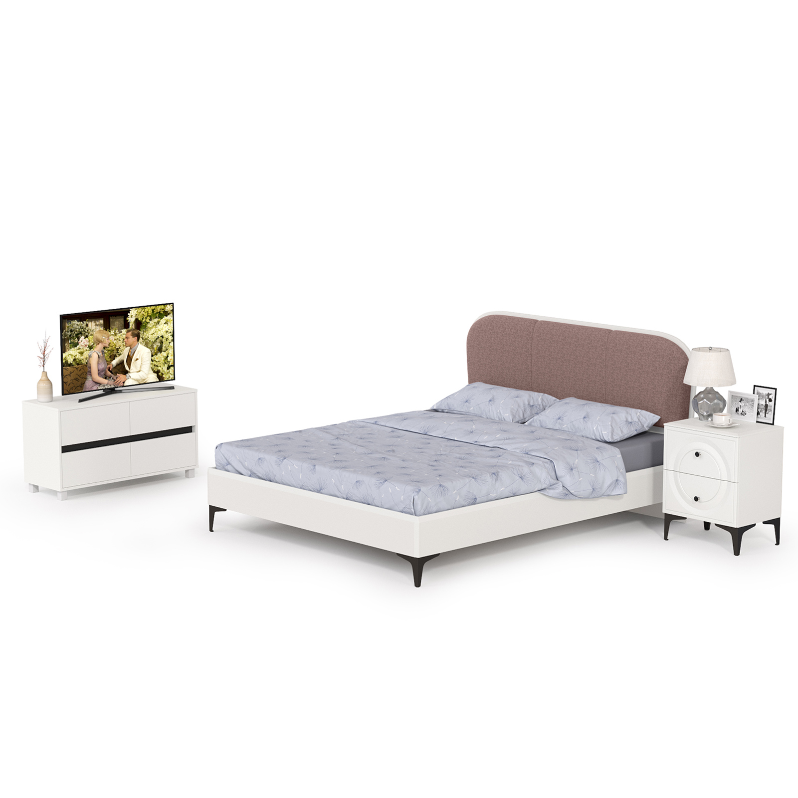 Кровать с мягкой спинкой с ТВ-тумбой и тумбочкой Mobi Валенсия белый/чёрный/ткань велутто
