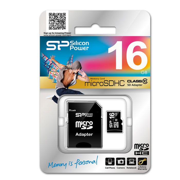 MicroSDHC Silicon Power 16GB Class10 + Адаптер (SP016GBSTH010V10-SP)