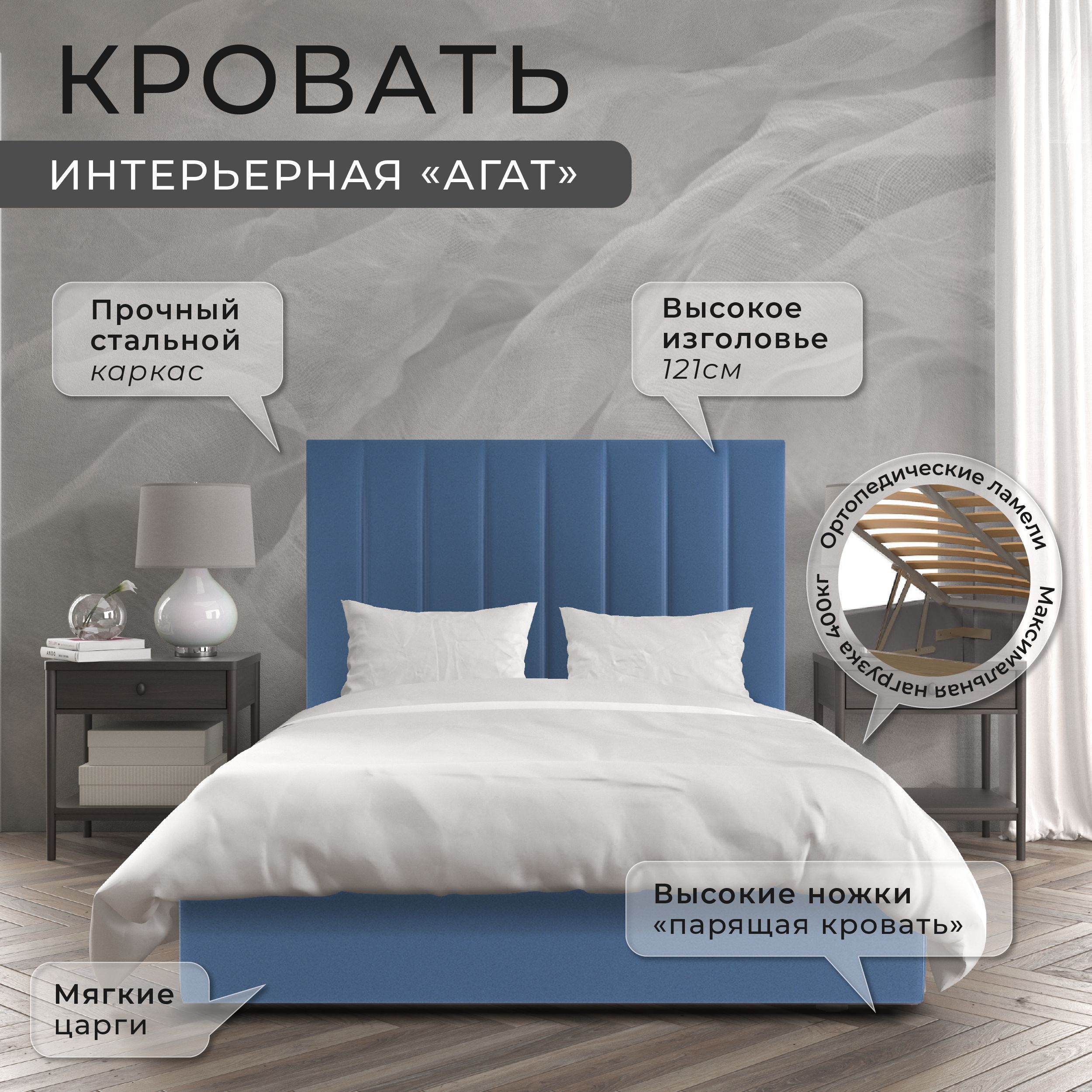 Односпальная кровать ФОКУС Агат 133х214х121 см светло-синий/30055