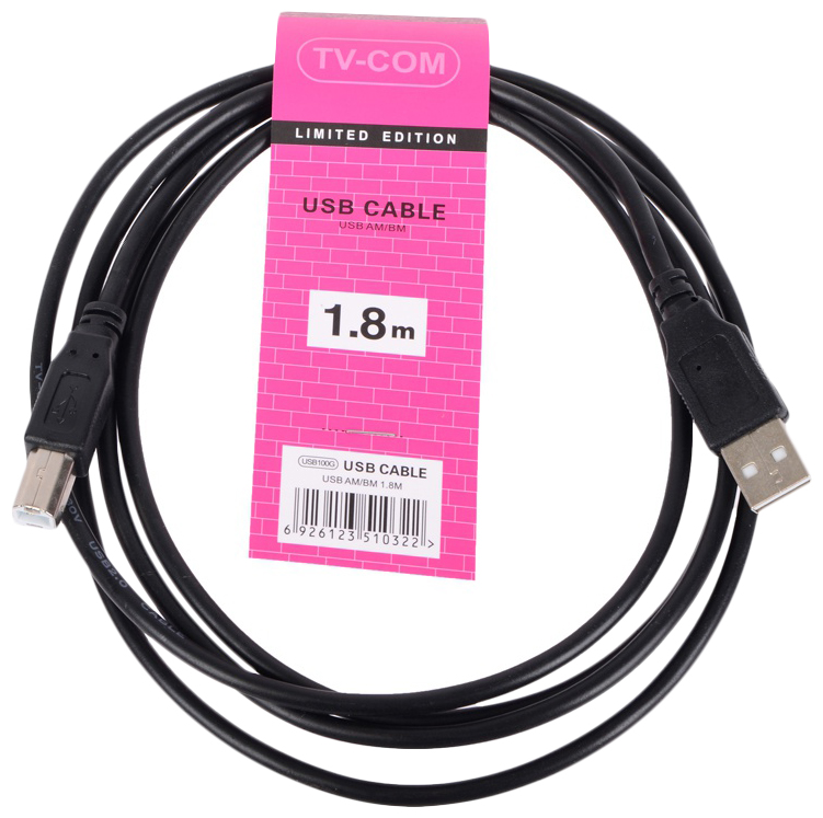 Кабель TV-COM USB A-USB B, M-M 1,8м Black (USB100G-1.8M)