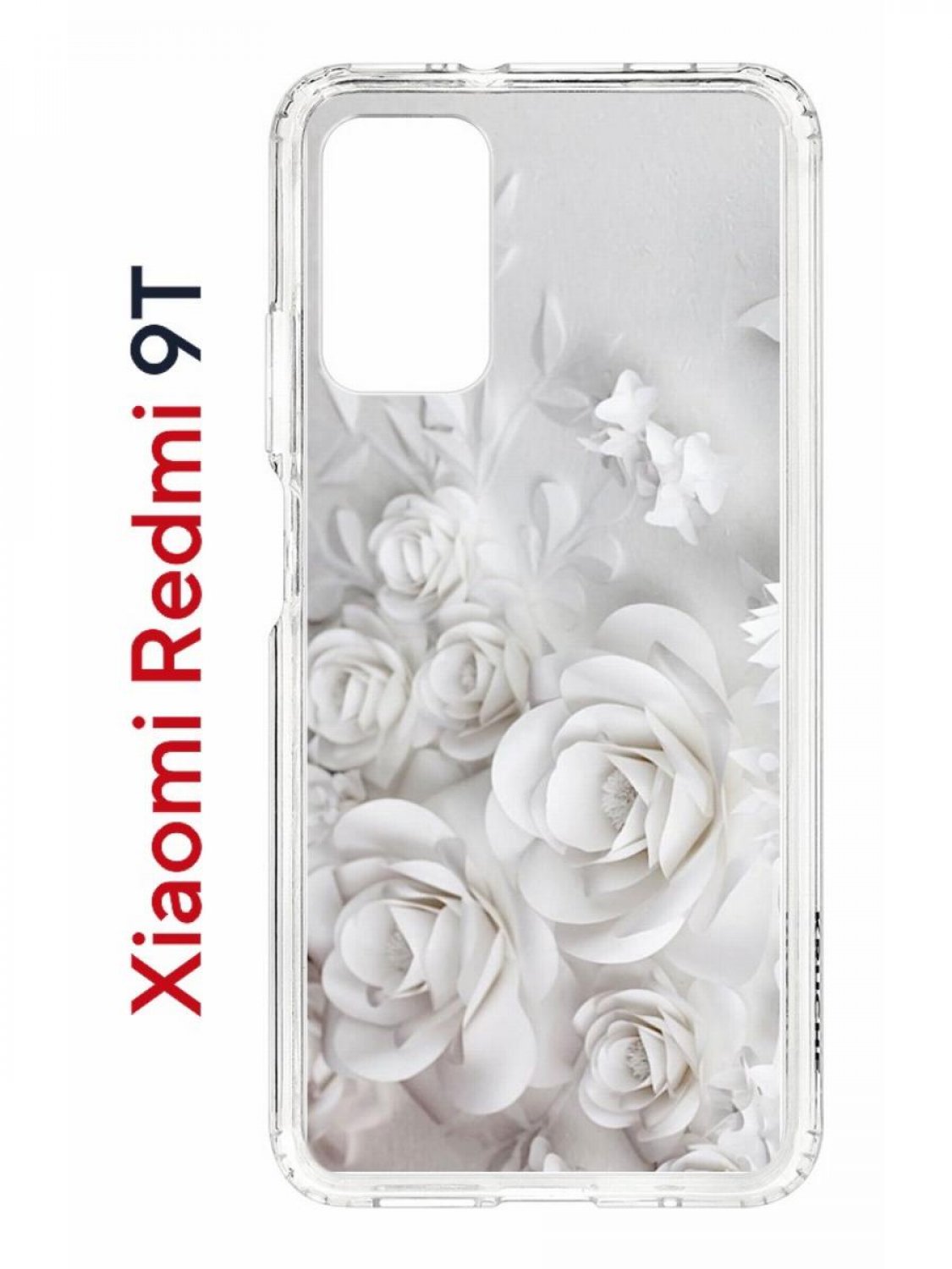 Чехол на Redmi 9T Kruche Print White roses,противоударный бампер,с защитой камеры
