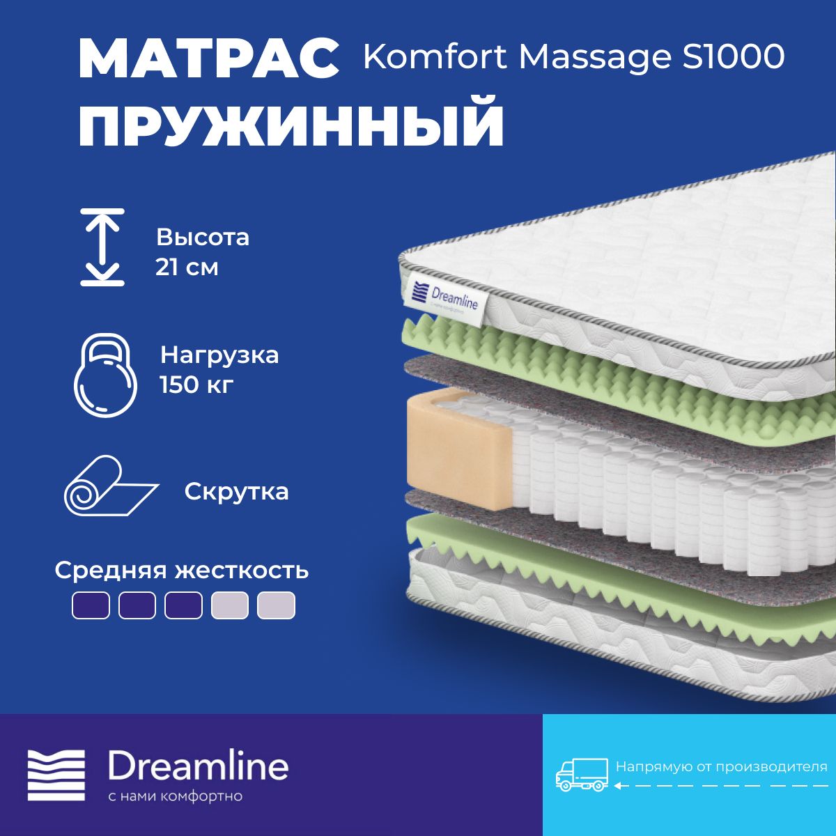 Матрас Dreamline Komfort Massage S-1000 (х/б жаккард) независимые пружины 120x190 см